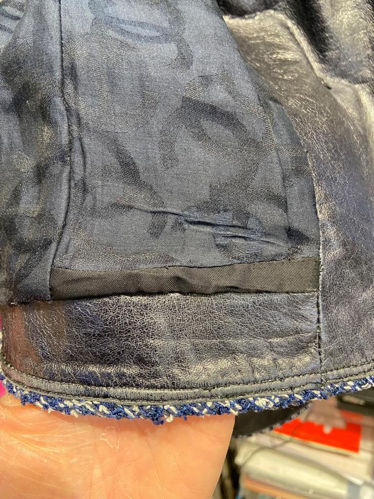 Dark blue leather jacket with tweed details on elbow and piping Chanel ...