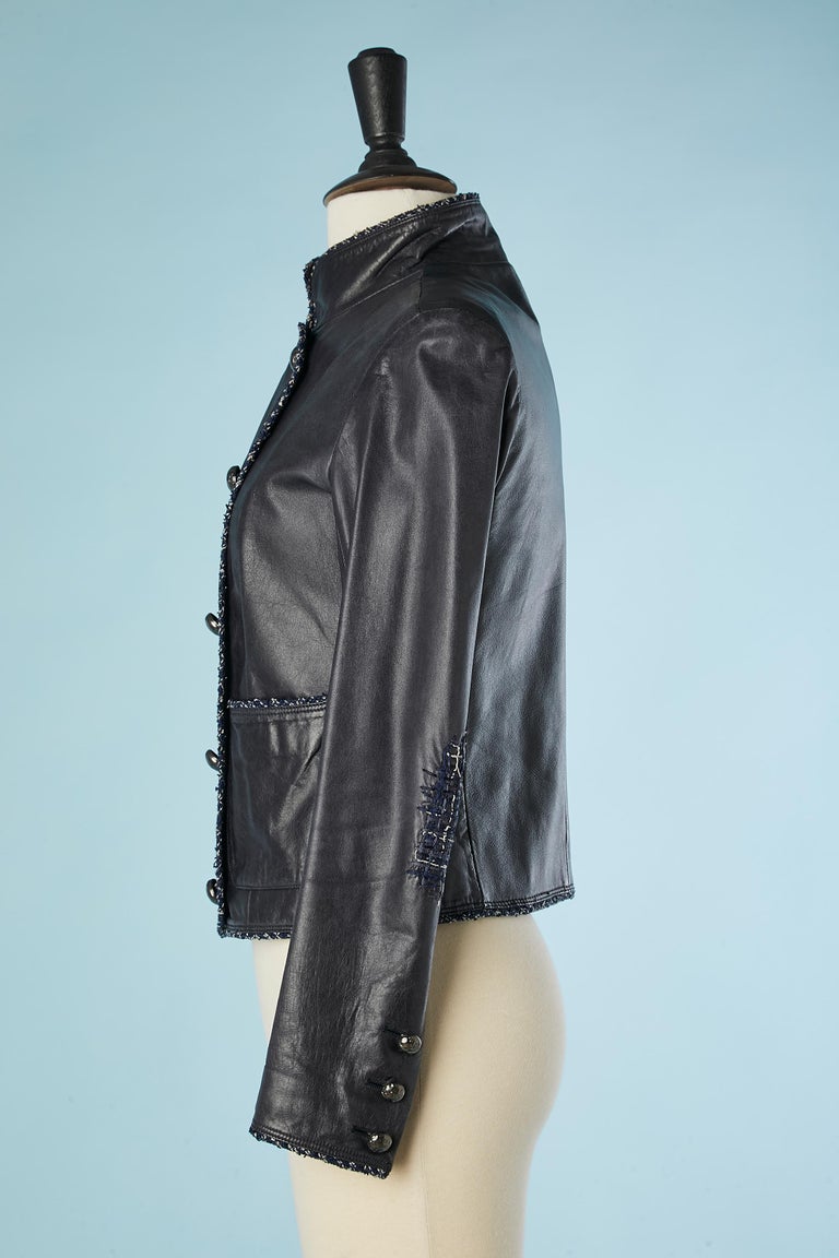 Dark blue leather jacket with tweed details on elbow and piping Chanel ...
