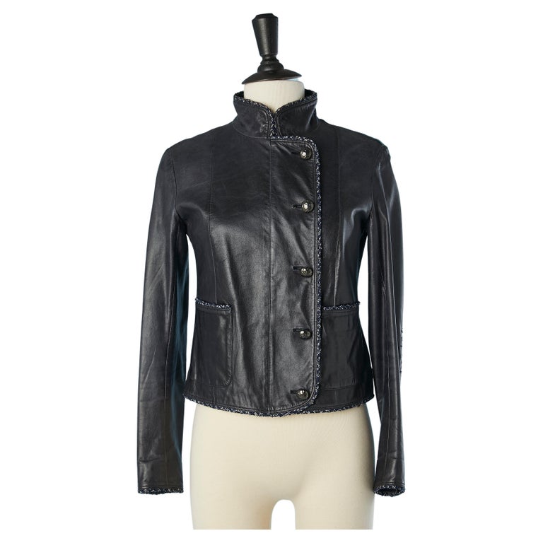 Dark blue leather jacket with tweed details on elbow and piping Chanel ...
