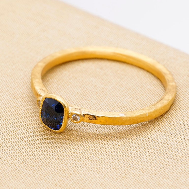 Dark Blue Sapphire Stacker Ring with Diamonds, 24kt Gold For Sale at ...