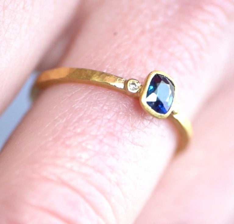 Dark Blue Sapphire Stacker Ring with Diamonds, 24kt Gold For Sale at ...