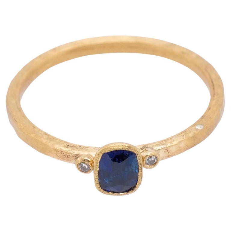Dark Blue Sapphire Stacker Ring with Diamonds, 24kt Gold For Sale at ...