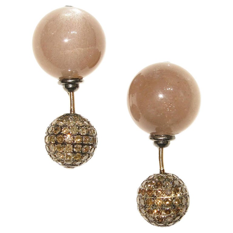 Dark Brown Moonstone and Pave Diamond Ball Earring Made in 14k Gold and ...