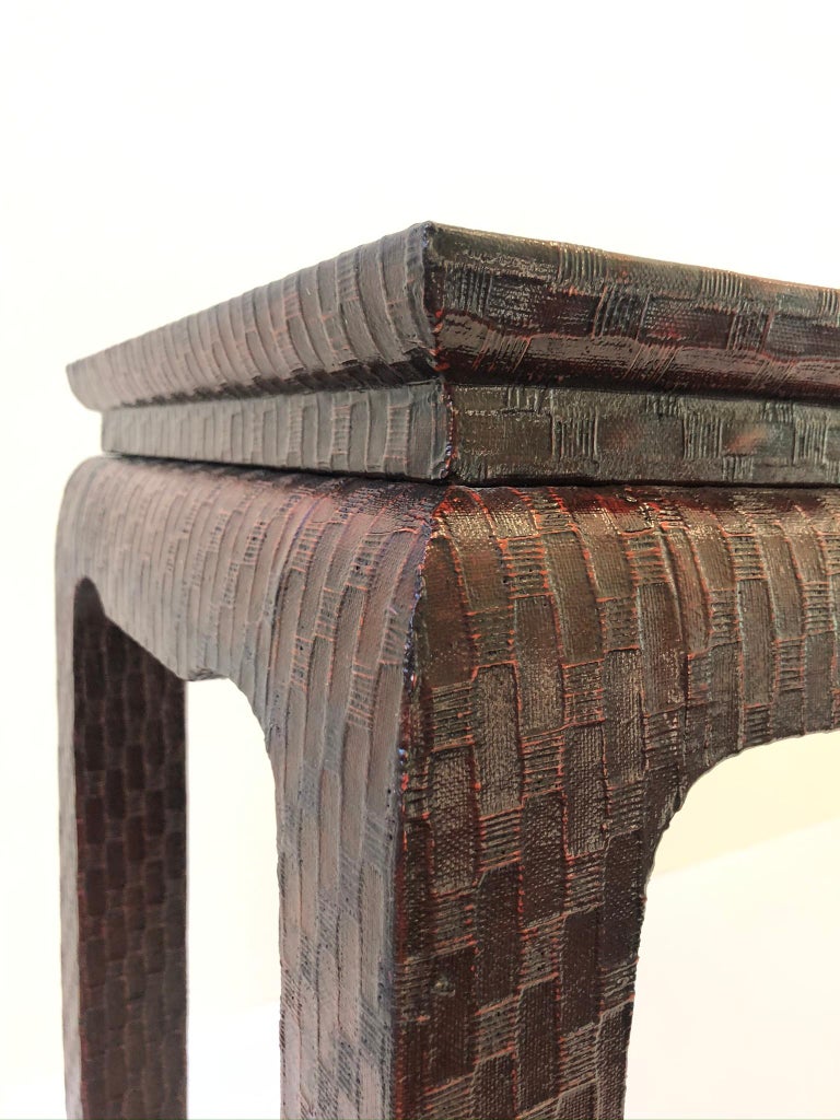 Dark Burgundy Lacquered Linen Covered Console Table by Baker at 1stDibs