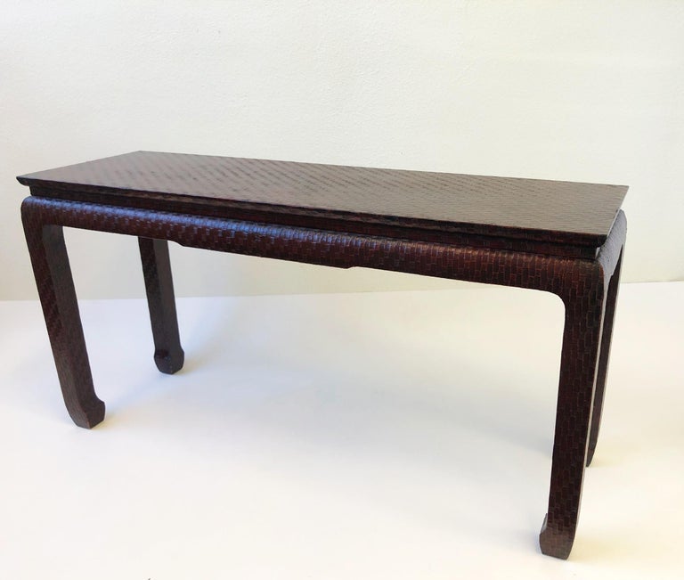 Dark Burgundy Lacquered Linen Covered Console Table by Baker at 1stDibs