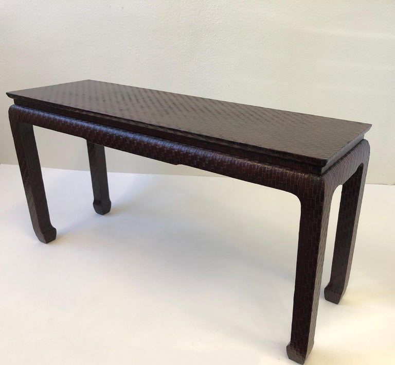 Dark Burgundy Lacquered Linen Covered Console Table by Baker at 1stDibs