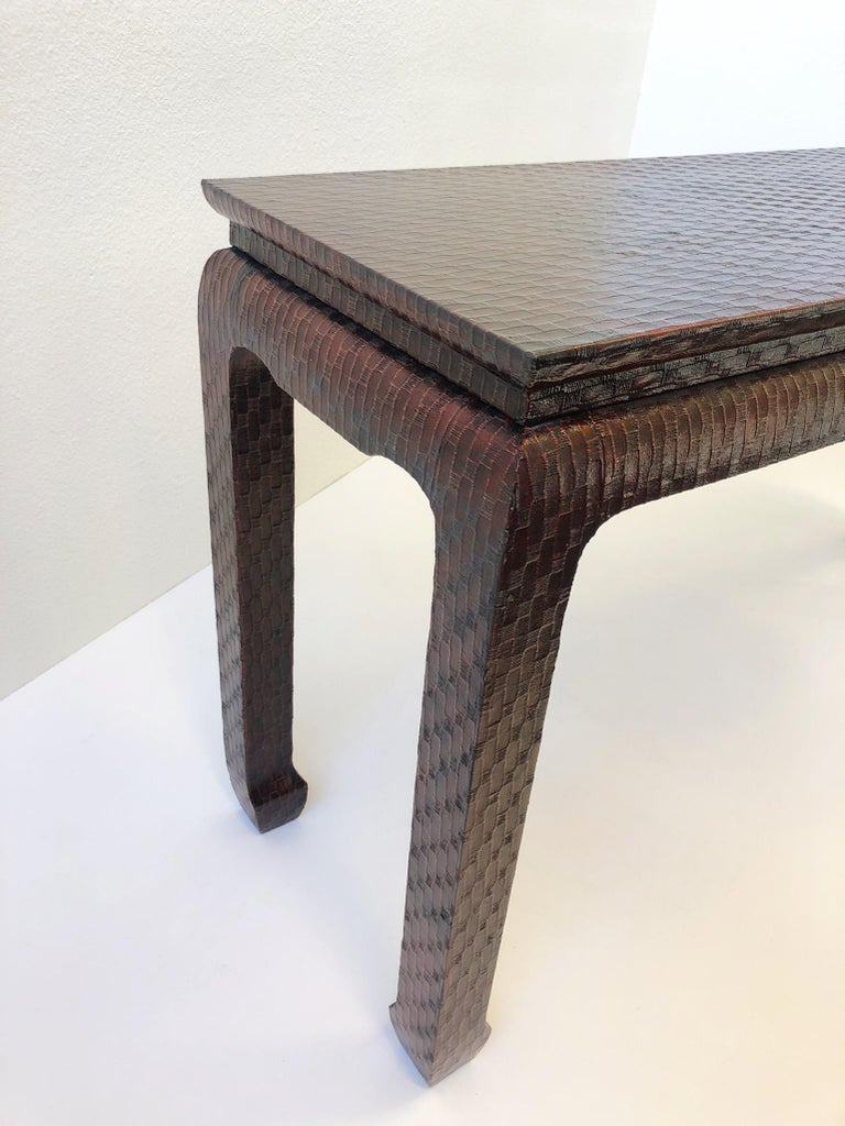 Dark Burgundy Lacquered Linen Covered Console Table by Baker at 1stDibs