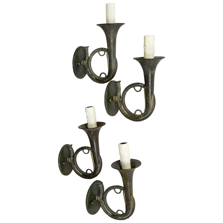 Pair of Dark Gray Brass Hunting Horn Sconces. For Sale at 1stDibs