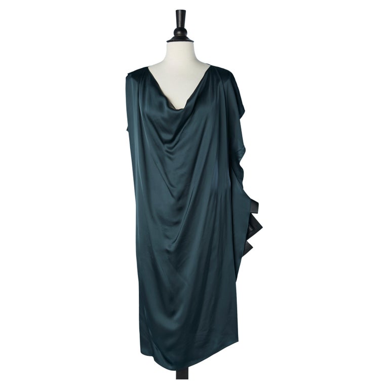 Dark green drape asymmetrical cocktail dress with black ribbon Lanvin ...