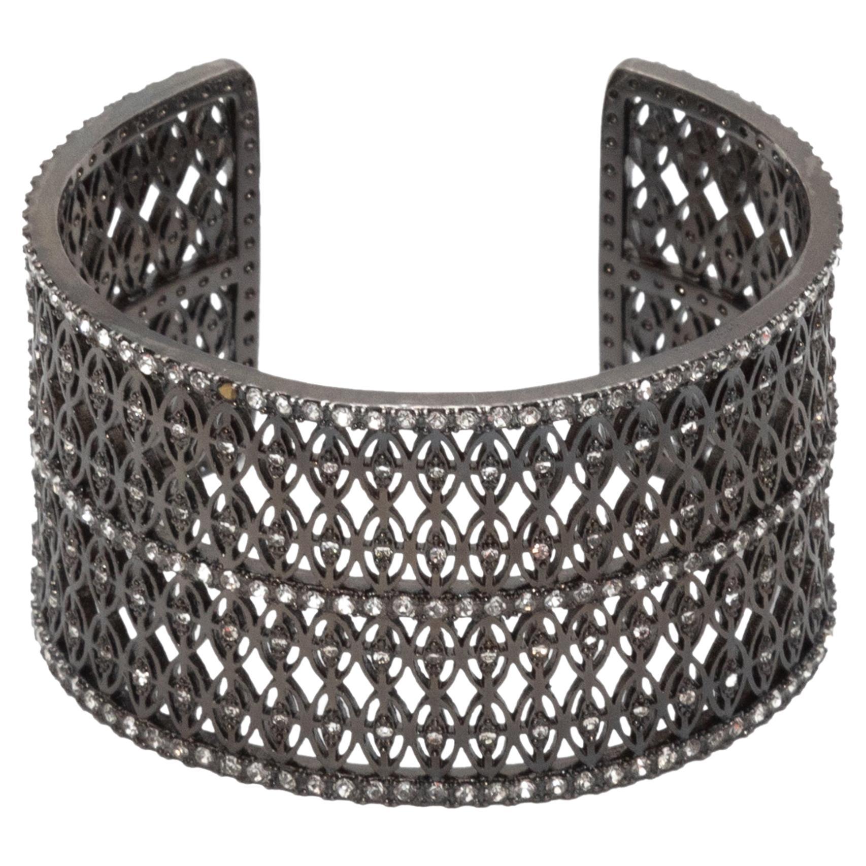 Dark Grey Metal Intricate Rhinestone Cuff For Sale at 1stDibs
