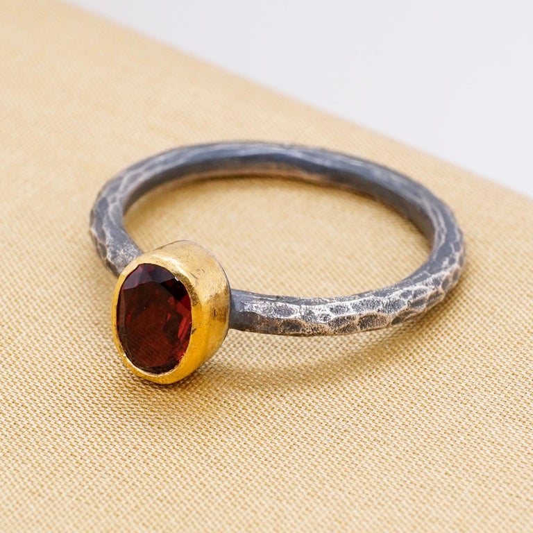Dark Red, Oval, Garnet Solitaire Ring, 24kt Gold and Silver For Sale at ...