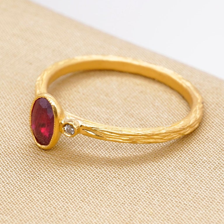 Dark Red, Oval Single Ruby with Diamond, 24kt Solid Gold Ring For Sale ...
