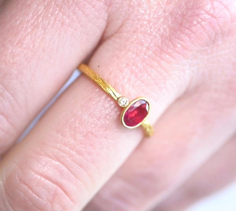 Dark Red, Oval Single Ruby with Diamond, 24kt Solid Gold Ring For Sale ...
