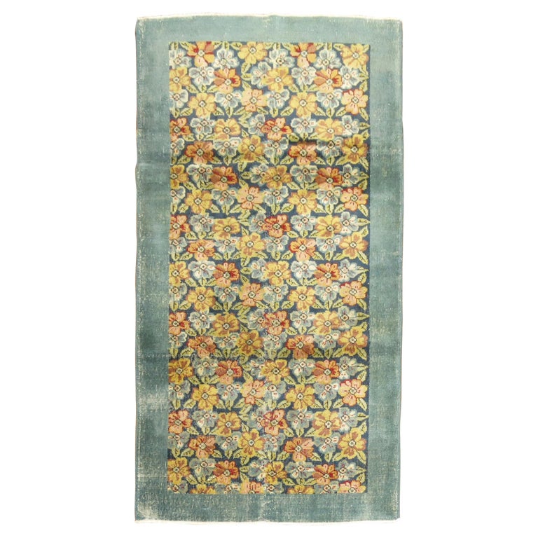 Dark Sea Foam Blue Green Turkish Floral Rug For Sale at 1stDibs