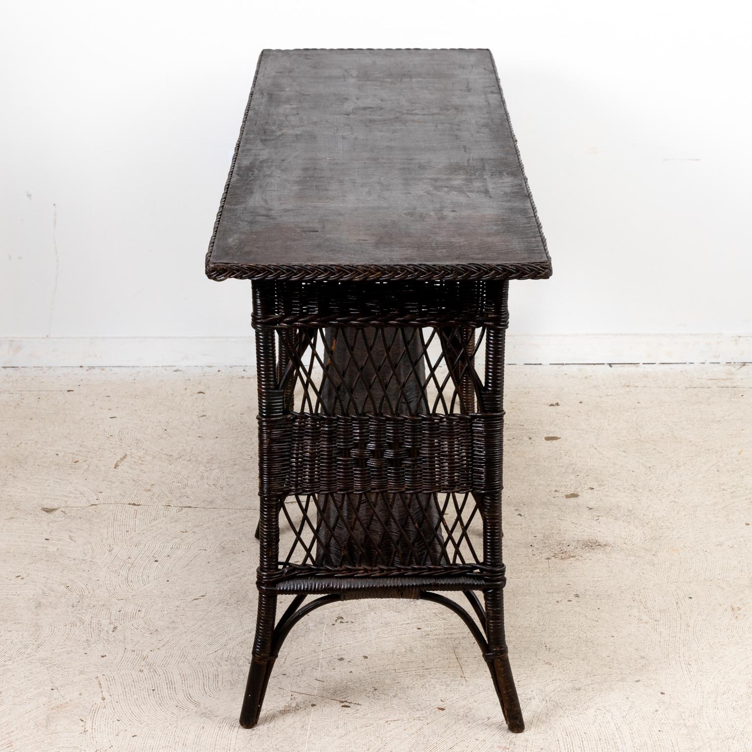 Dark Stained Antique Wicker Sofa Table For Sale at 1stDibs