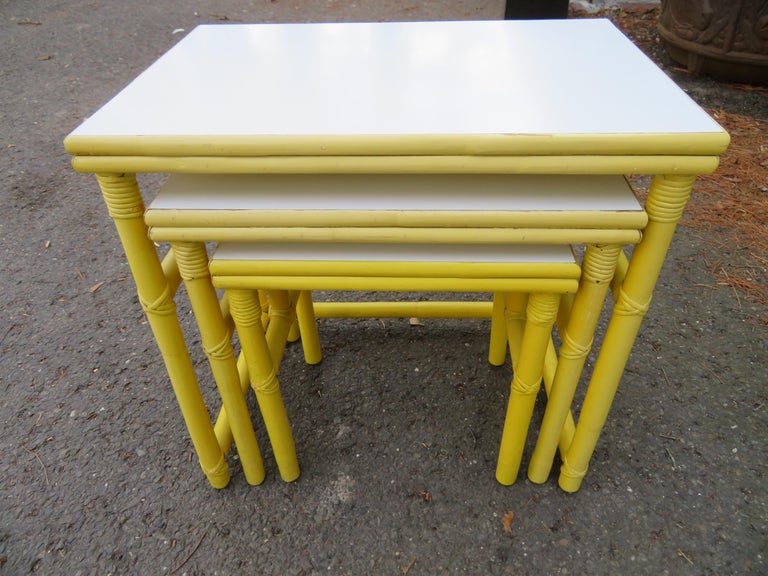 Darling Set of Yellow Rattan Stacking Nesting Tables Mid Century Modern