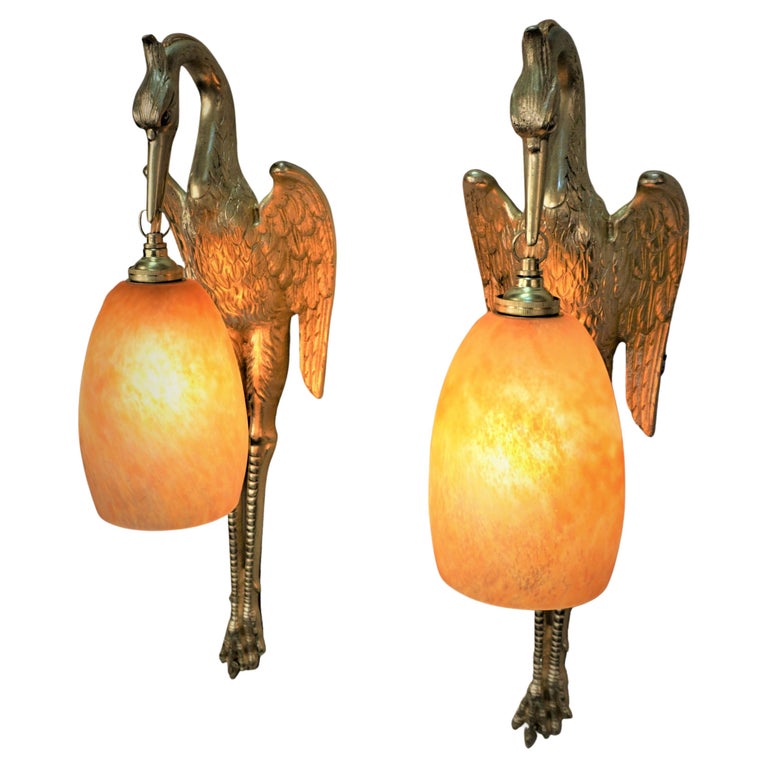 Daum Nancy Pair of Bronze Bird and Art Glass Wall Sconces For Sale at ...