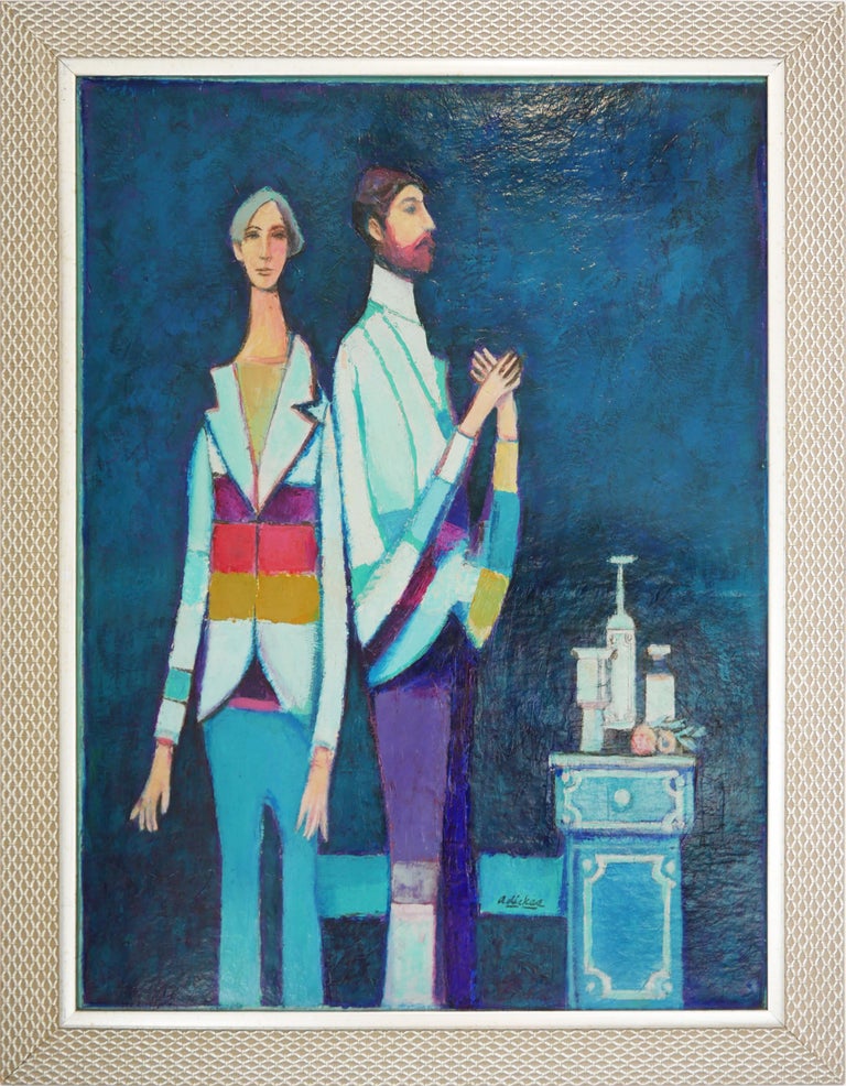 David Adickes - "Two Friends Against Blue" Abstract Monotone Figurative ...