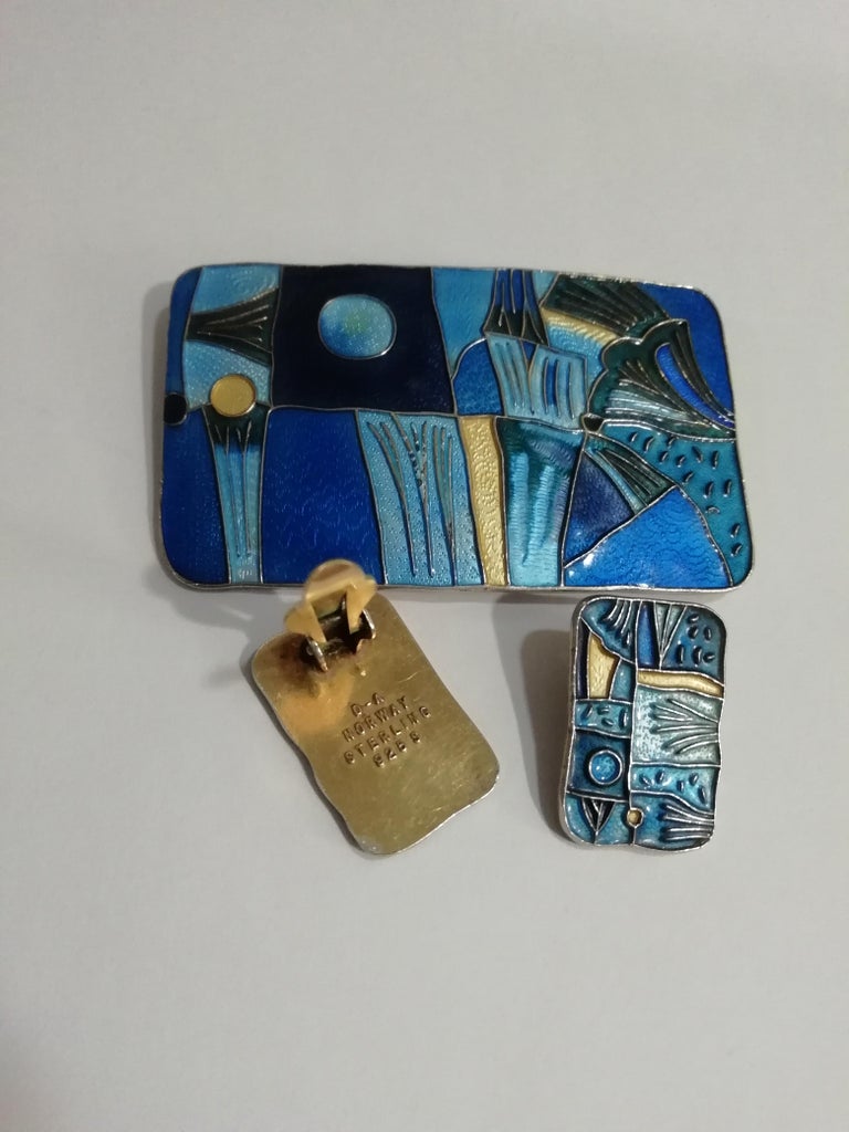 David Andersen Norwegian Emaneled Silver "Spring" Brooch and Earrings ...