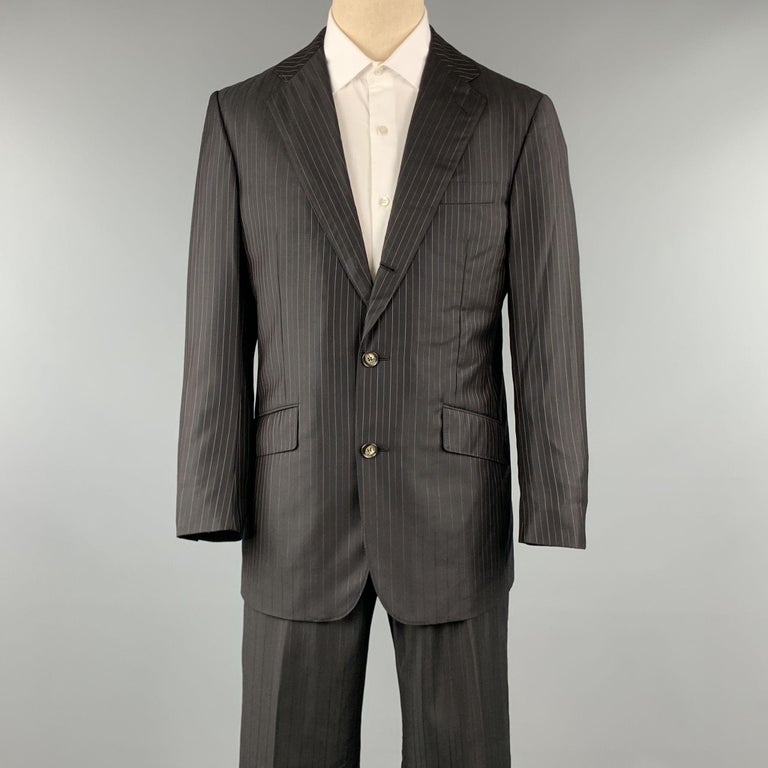 DAVID AUGUST 40 Black and Brown Stripe Wool Notch Lapel 34 x 30 Suit at ...
