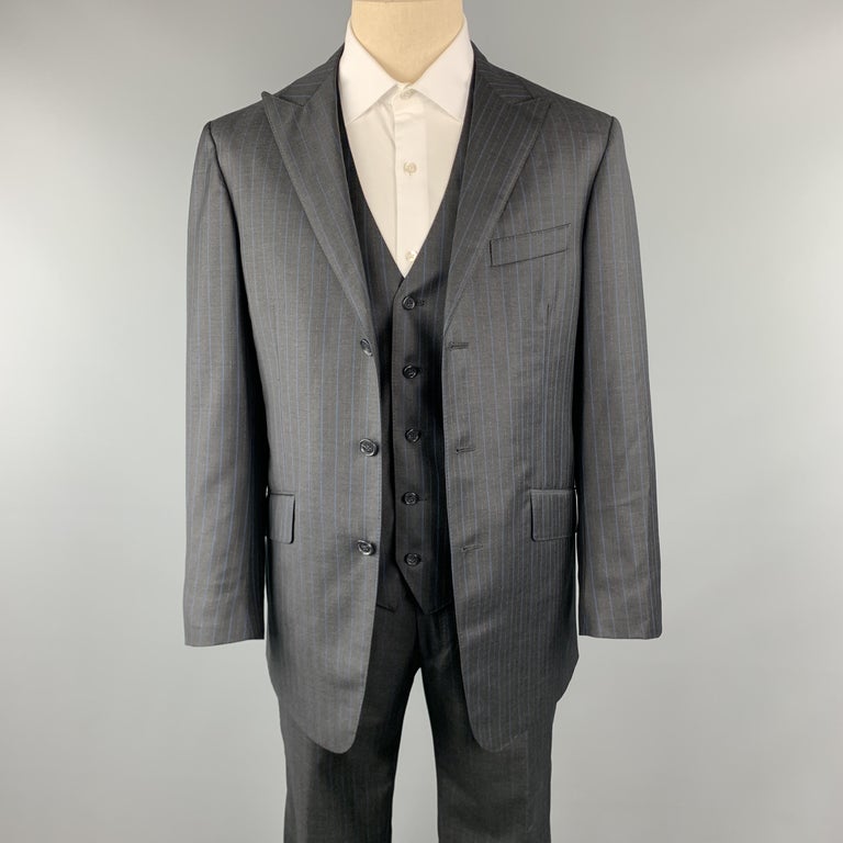 DAVID AUGUST Size 40 Charcoal and Blue Stripe Wool Notch Lapel 34 x 30 ...