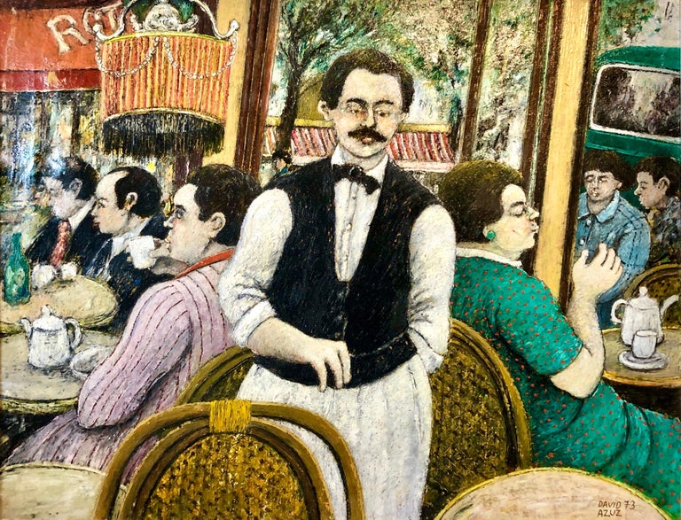 David Azuz - Israeli French Folk Art Naive Oil Painting Coffee Bar in ...
