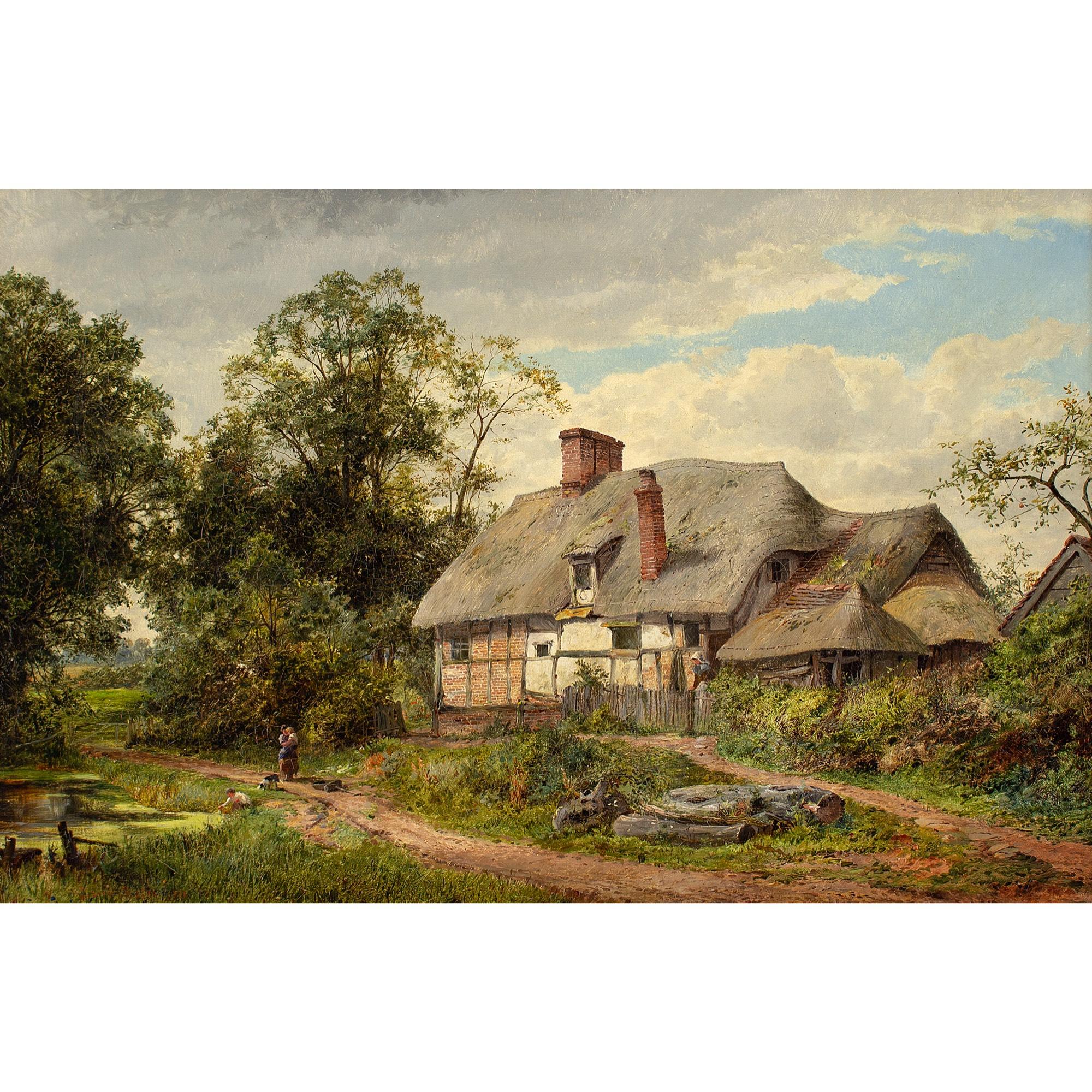 David Bates b.1840 - David Bates, Rural Landscape With Thatched Cottage ...