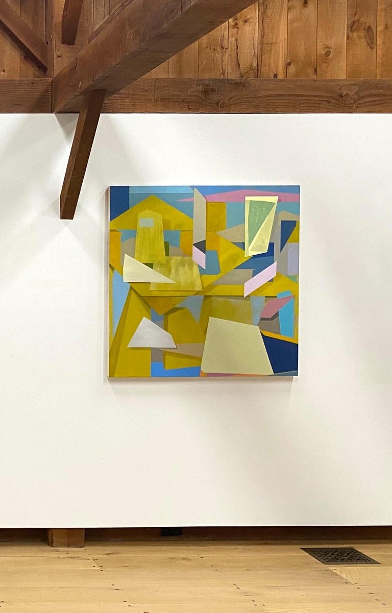 David Collins - The Village, Square Abstract Geometric Painting, Yellow ...