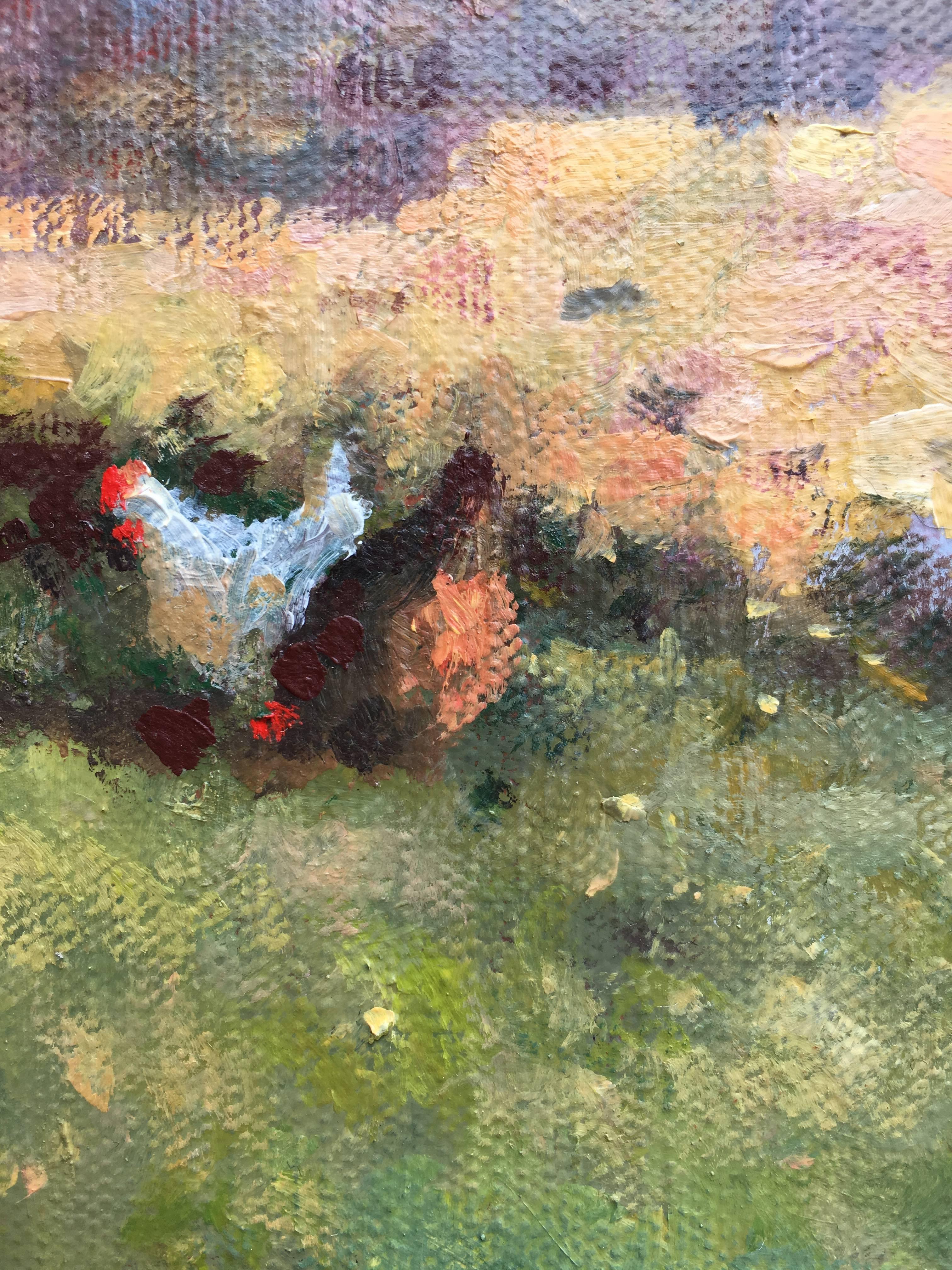 David Garcia - "Three chickens", little oil on canvas, impressionist ...