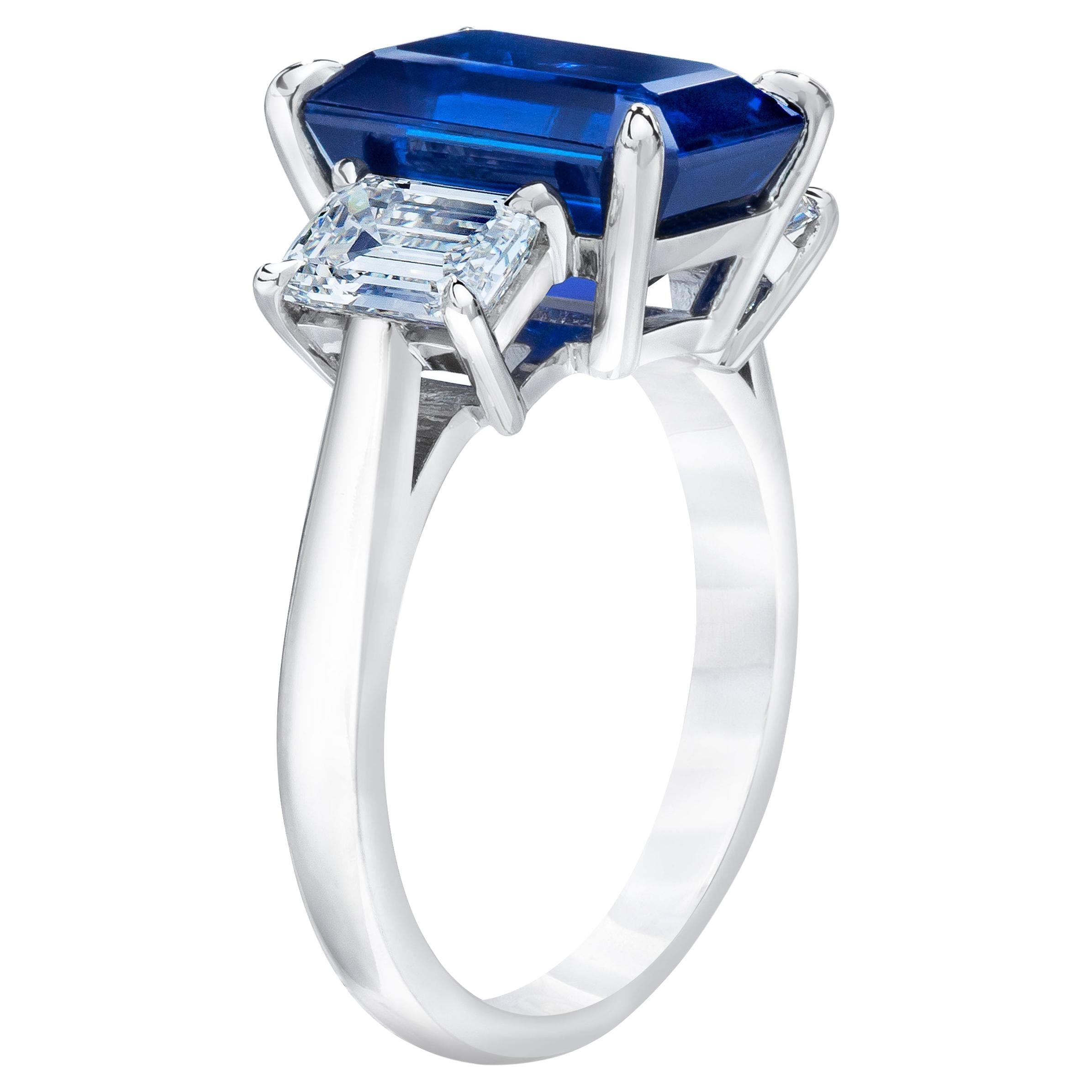 Customizable David Gross Three-Stone Emerald Cut Blue Sapphire and Diamond Platinum Ring For ...