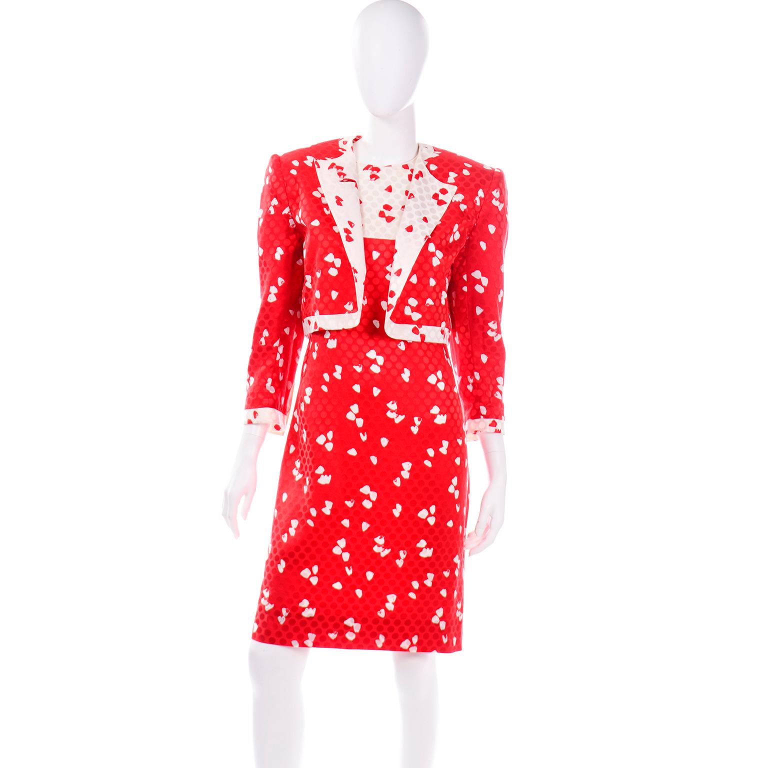 David Hayes Vintage Red and White Silk Abstract Print Dress and Cropped ...