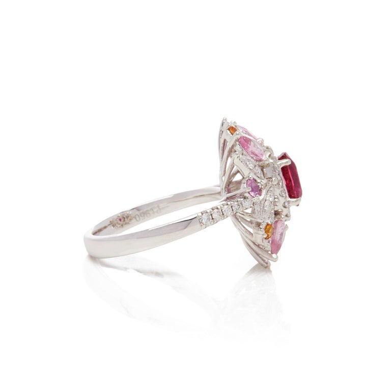 Platinum Ruby, Diamond and Mixed Sapphire Cluster Ring For Sale at 1stDibs
