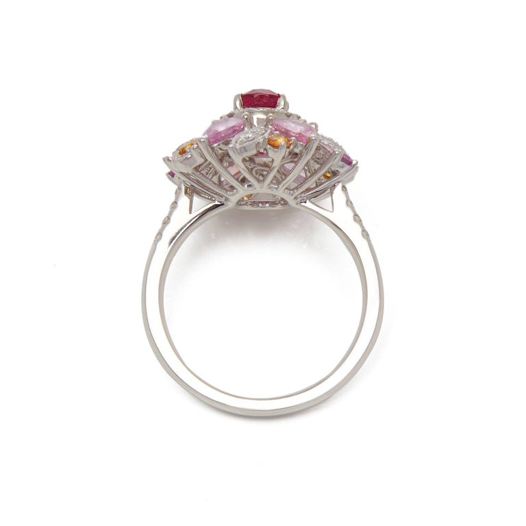 Platinum Ruby, Diamond and Mixed Sapphire Cluster Ring For Sale at 1stDibs