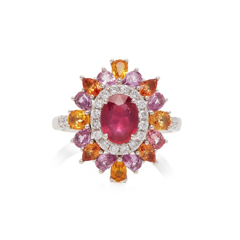 Platinum Ruby , Diamond and Mixed Sapphire Cluster Ring For Sale at 1stDibs