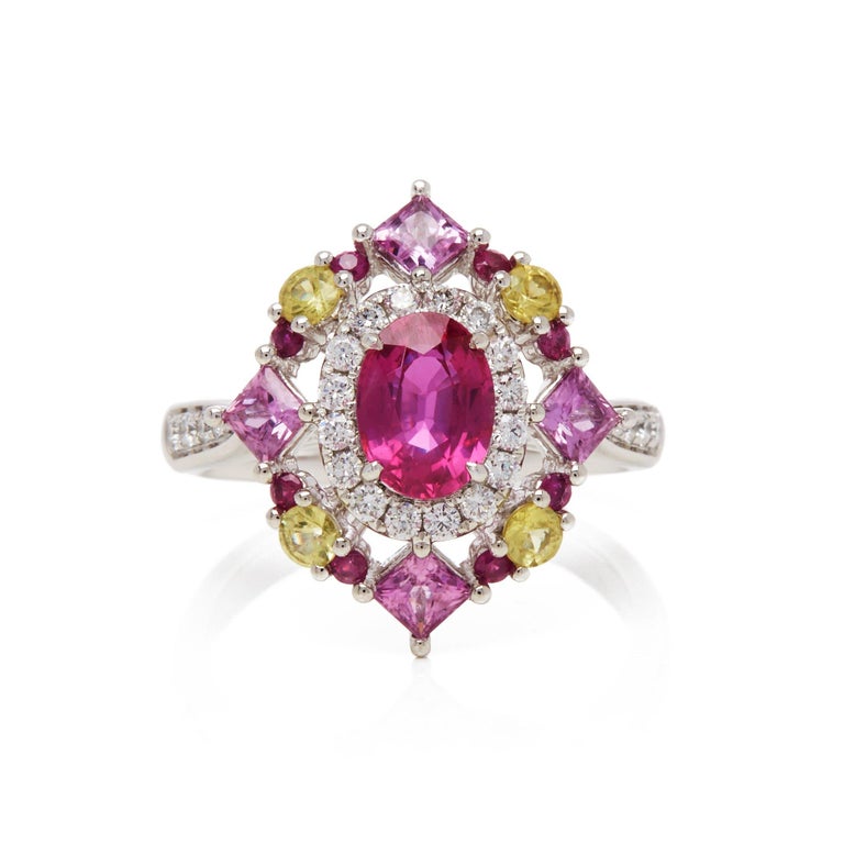 Platinum Ruby, Diamond and Mixed Sapphire Cluster Ring For Sale at 1stDibs