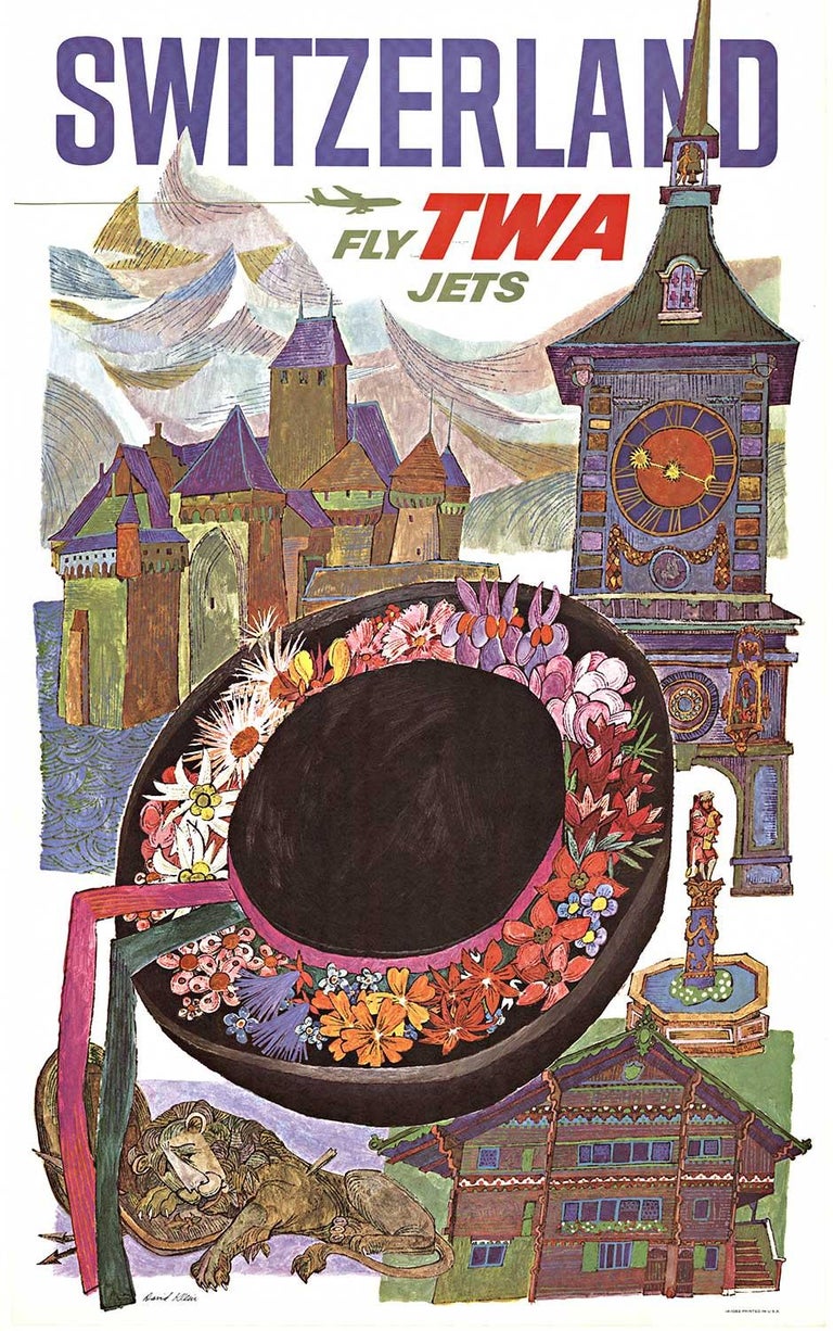 David Klein - Original 'Switzerland, Fly TWA Jets' vintage travel ...