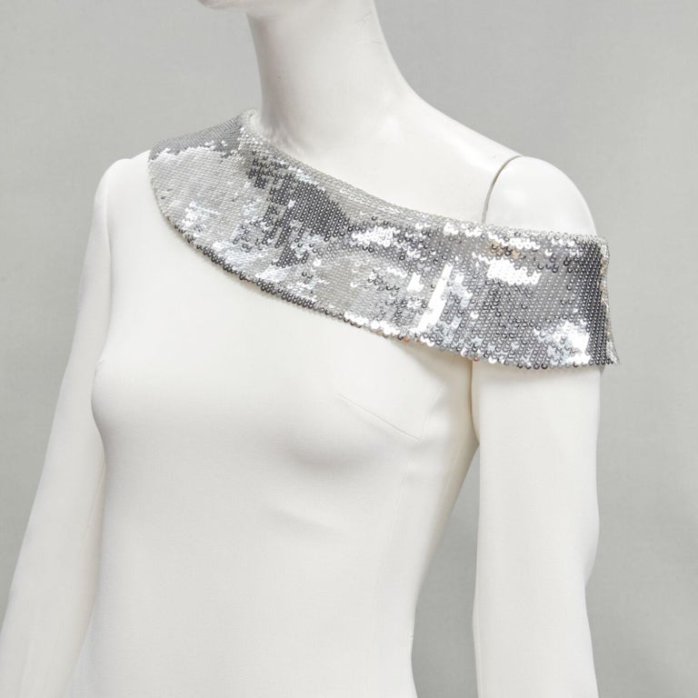 DAVID KOMA 2019 Runway silver sequins off shoulder scalloped hem dress ...