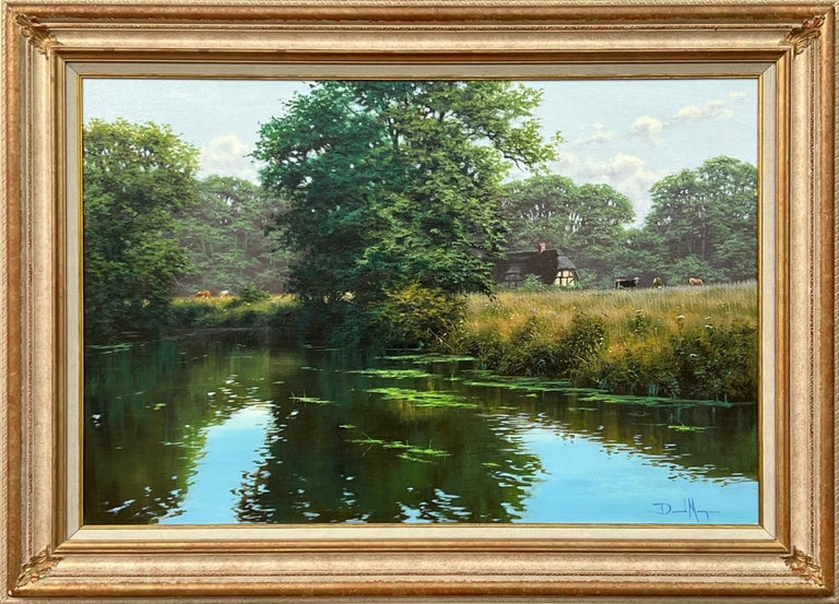 David Morgan - Idyllic River Landscape Scene with Cattle and Thatched ...