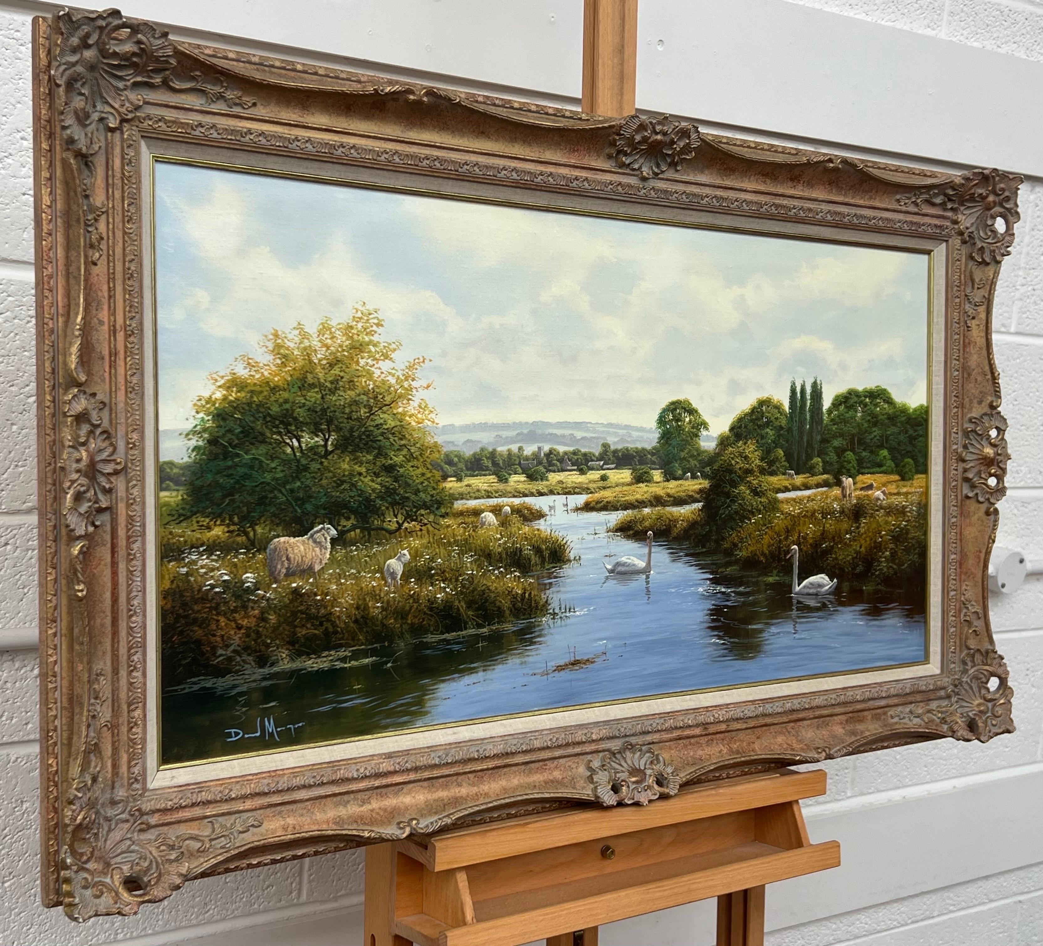 David Morgan - Lush Green Serene River Landscape Scene with Swans and ...