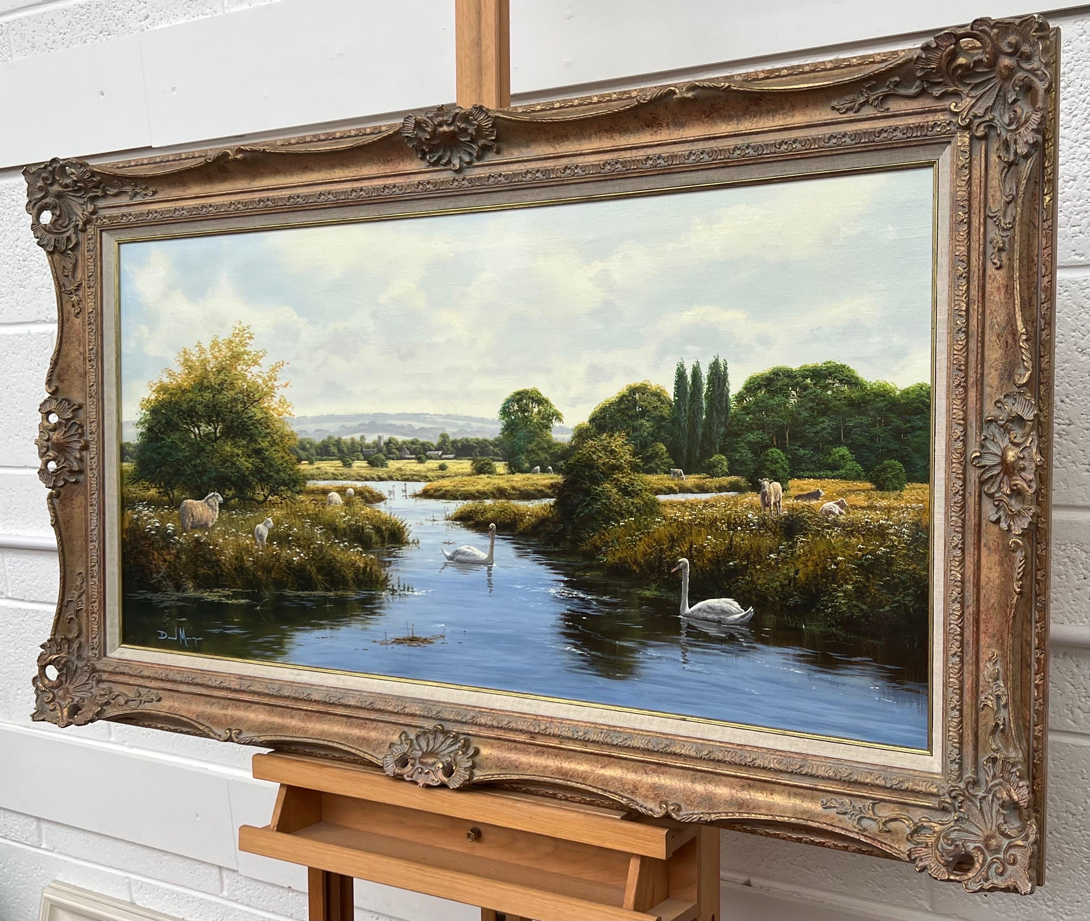 David Morgan - Lush Green Serene River Landscape Scene with Swans and ...