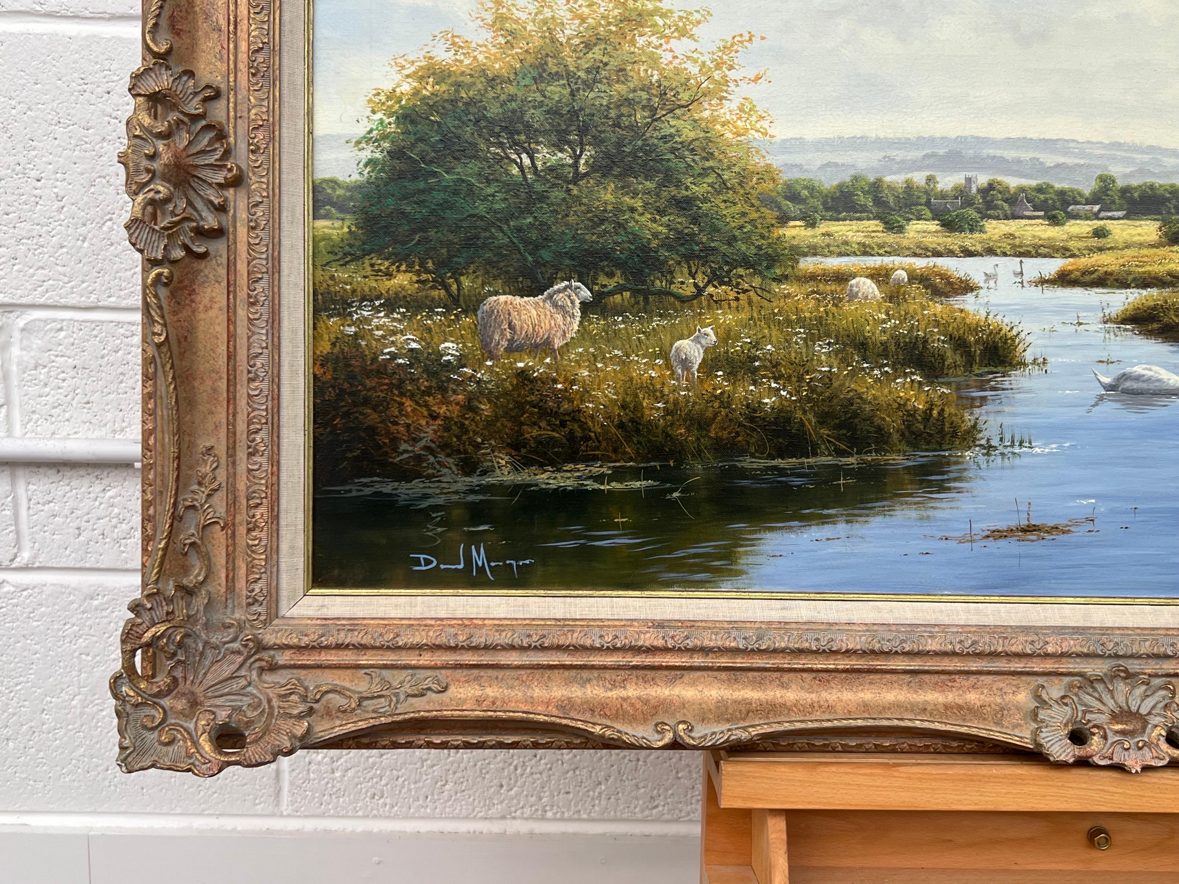 David Morgan - Lush Green Serene River Landscape Scene with Swans and ...