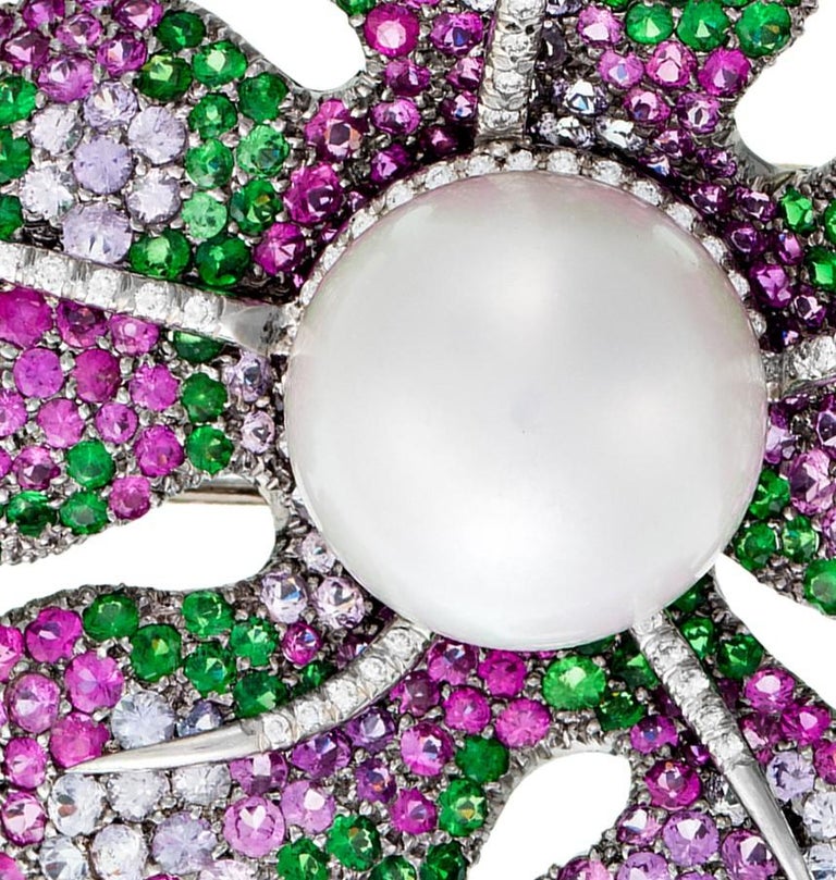 David Morris Multicolour Sapphire, Tsavorite, Diamond and Pearl Flower ...