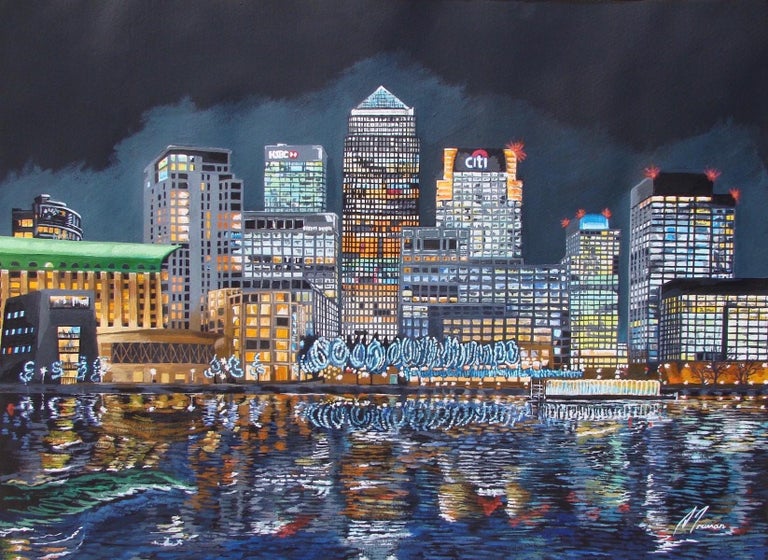 David Truman - Canary Wharf Neons, Bright Cityscape Painting, London ...