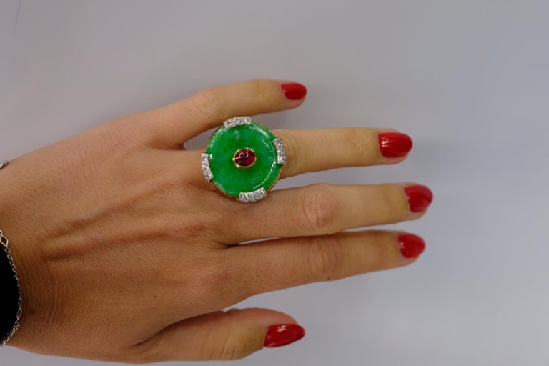 David Webb 18 Karat Gold Black Enamel Jade Diamond and Ruby Ring For ...