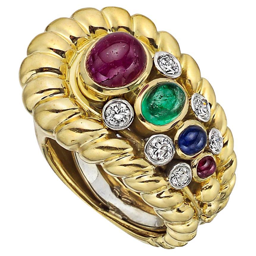 David Webb Gold Ruby Emerald Sapphire Cabochon Ring For Sale at 1stDibs