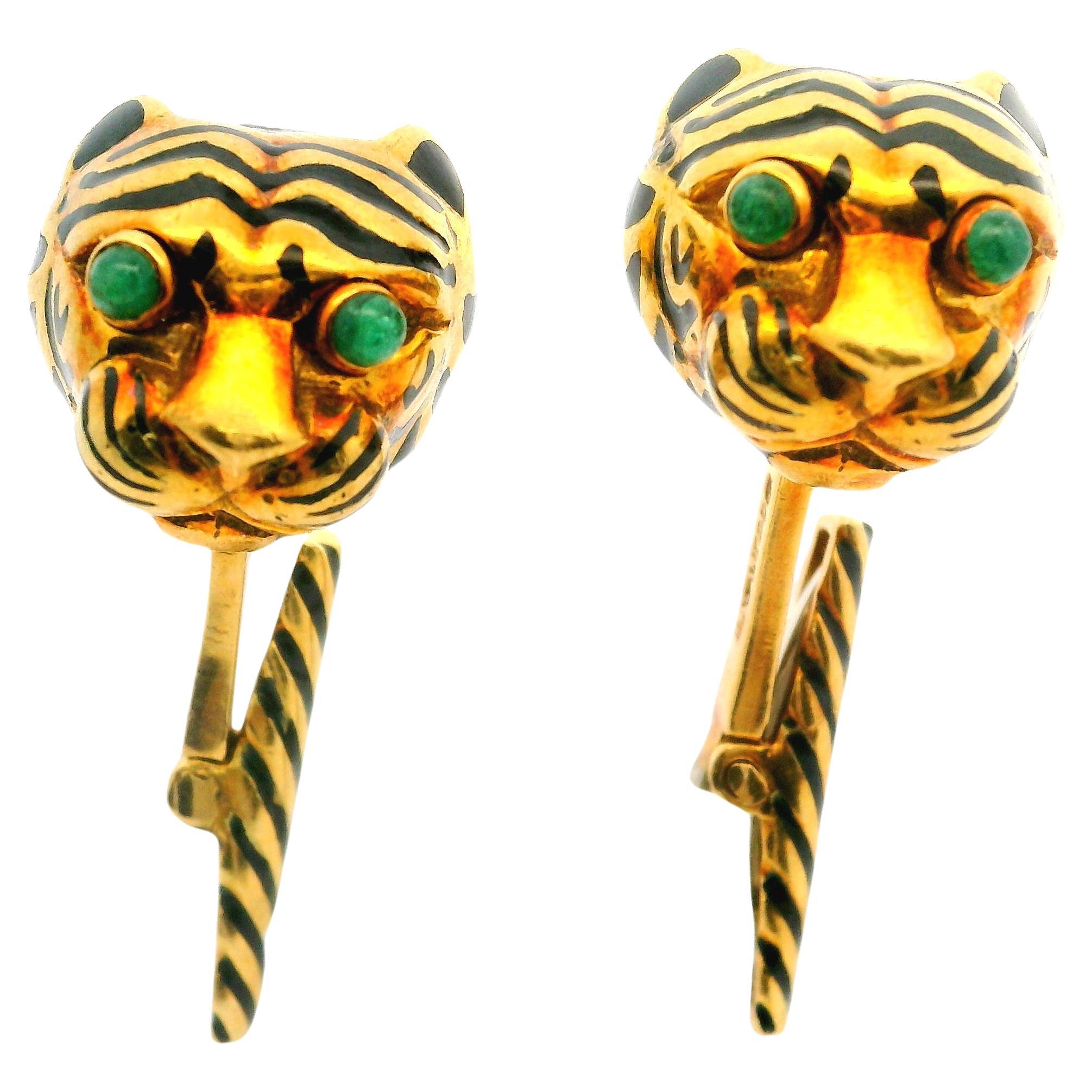 David Webb Enamel Sapphire 18 Karat Gold Lion Head Cufflinks For Sale ...