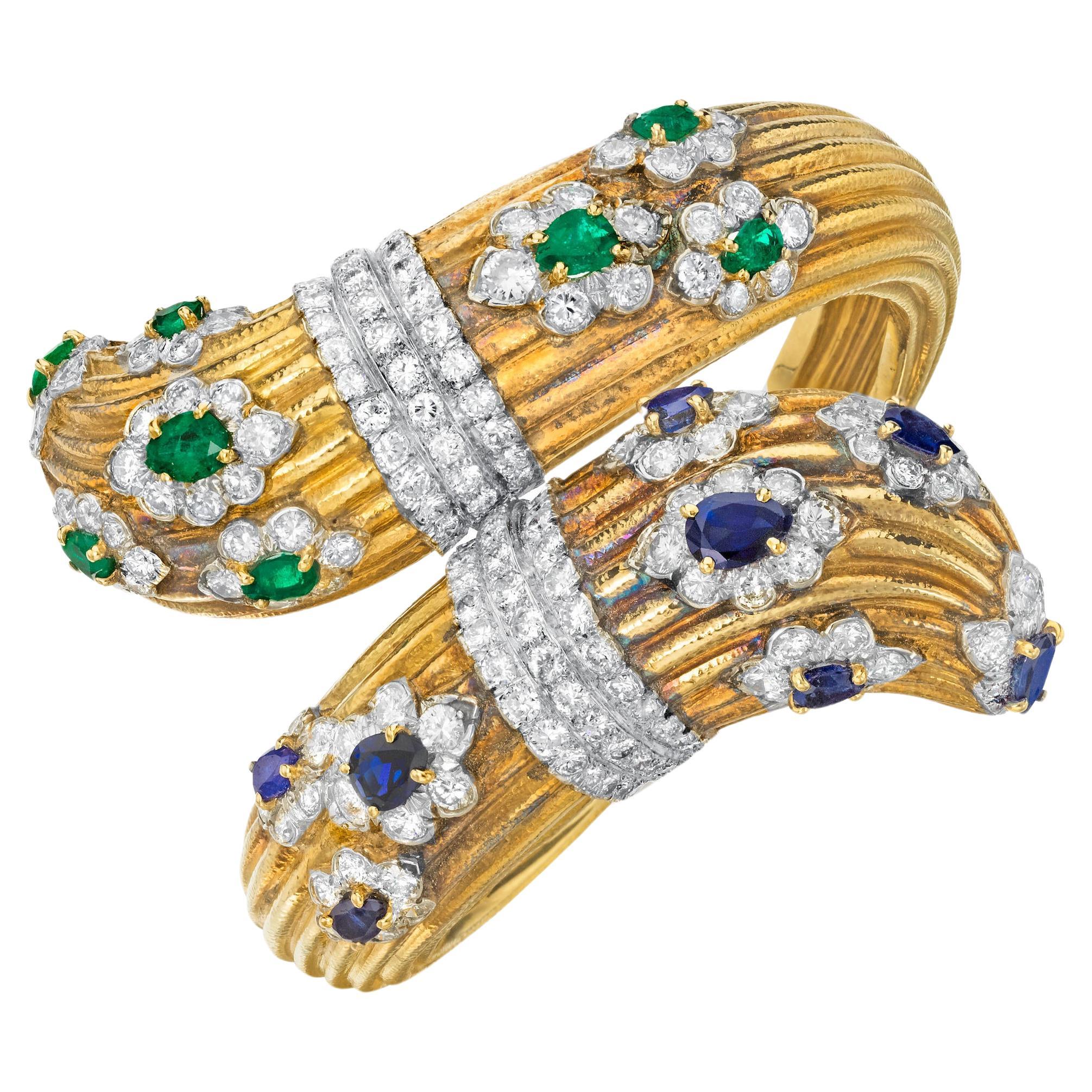 David Webb 18K Yellow Gold Diamond And Gemset Crossover Bracelet For ...