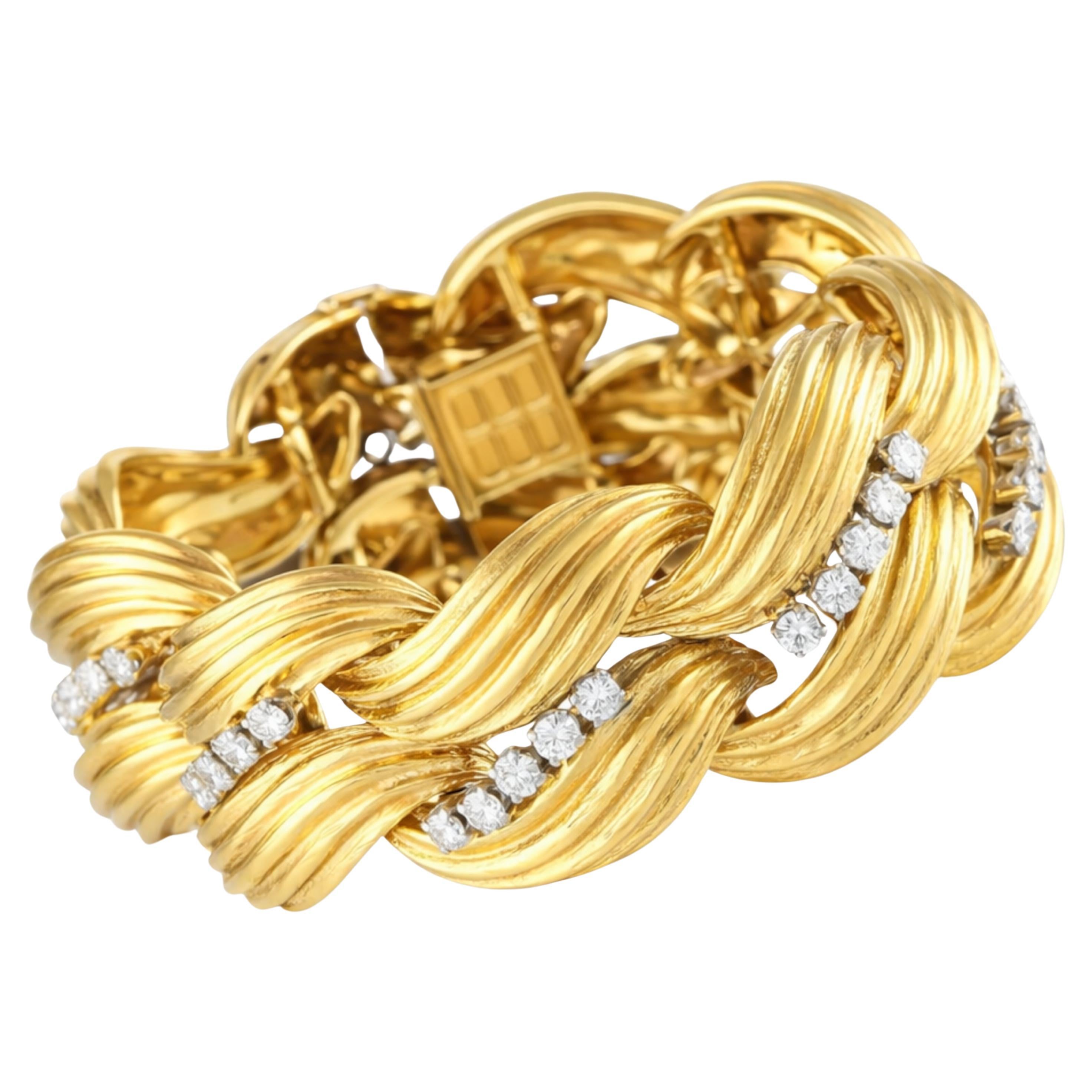 David Webb 18k Yellow Gold and Platinum Diamond Bombe Bracelet For Sale ...