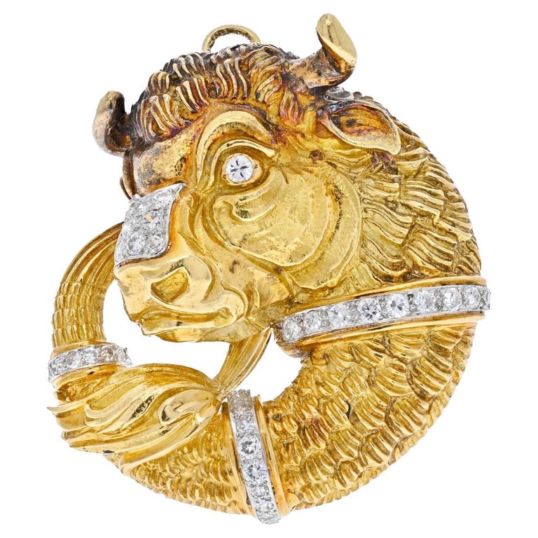 David Webb 18K Yellow Gold Diamond Taurus Bull Brooch Pendant For Sale ...