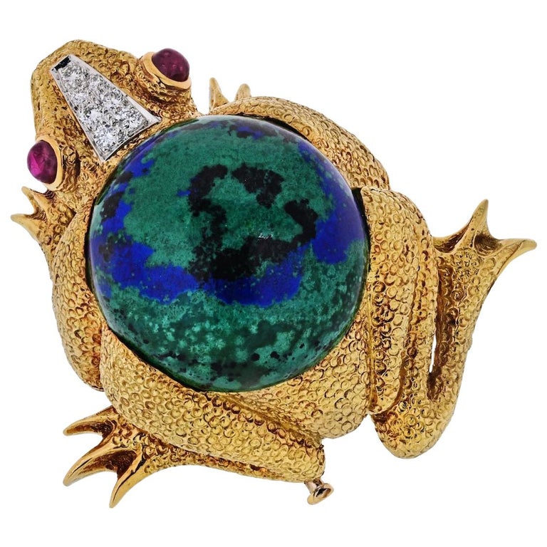 David Webb 18K Yellow Gold Frog with Azurite-Malachite, Diamonds, Ruby ...